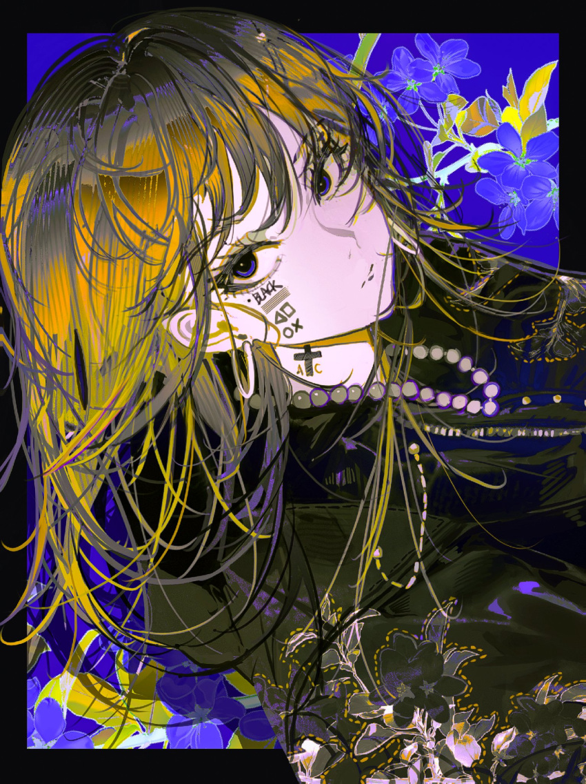 Safebooru - 1girl bead necklace beads black border black hair black jacket blue background blue ...