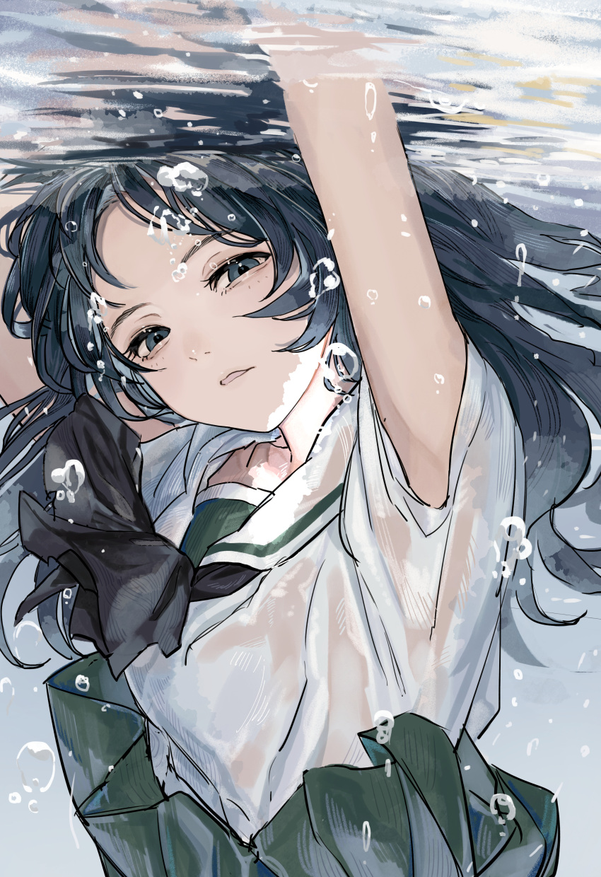 Safebooru - 1girl absurdres air bubble alternate sleeve length arms up black neckerchief blue ...