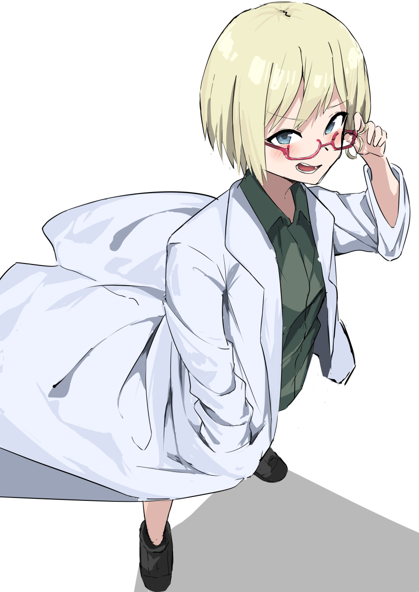 Safebooru - 1girl 8sjqzhap4pupzkc absurdres adjusting eyewear black footwear blonde hair blue ...