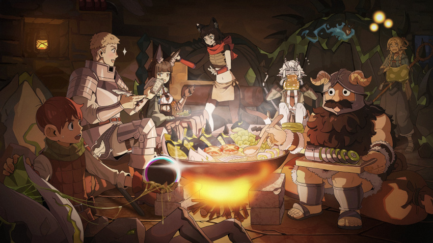 Safebooru - 3boys 4girls absurdres ambrosia (dungeon meshi) animal ears armor beard blonde hair ...