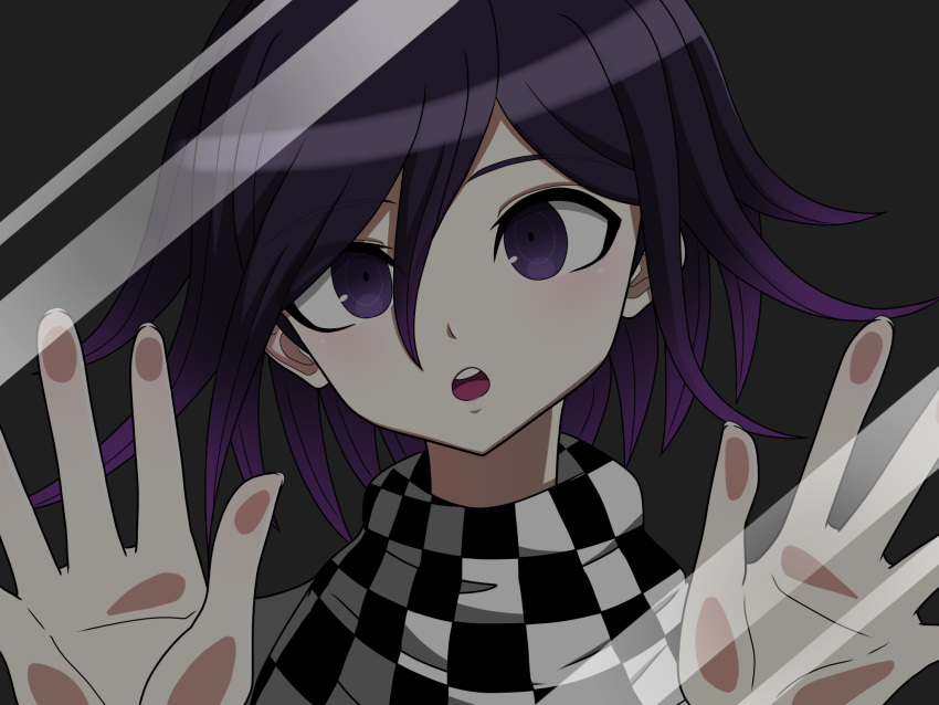 Safebooru - 1boy :o against glass black background black hair black scarf checkered clothes ...