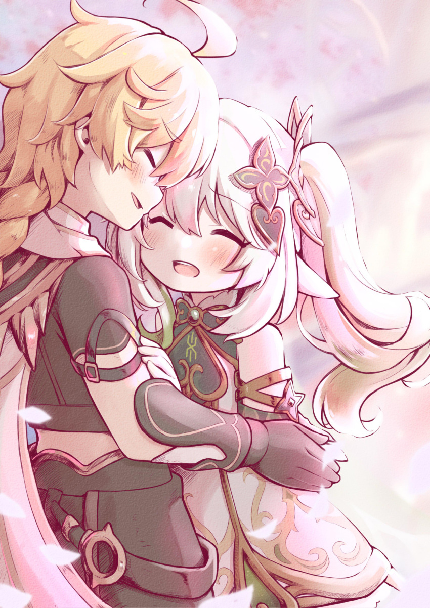 Safebooru - 1boy 1girl ^ ^ aether (genshin impact) ahoge black gloves blonde hair blush closed ...