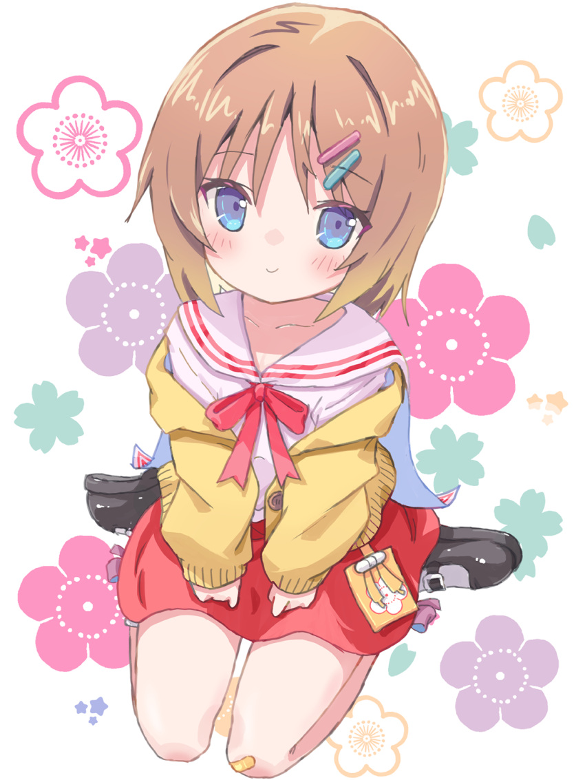 Safebooru - 1girl akayama yukihe bandaid bandaid on knee bandaid on leg black footwear blue eyes ...