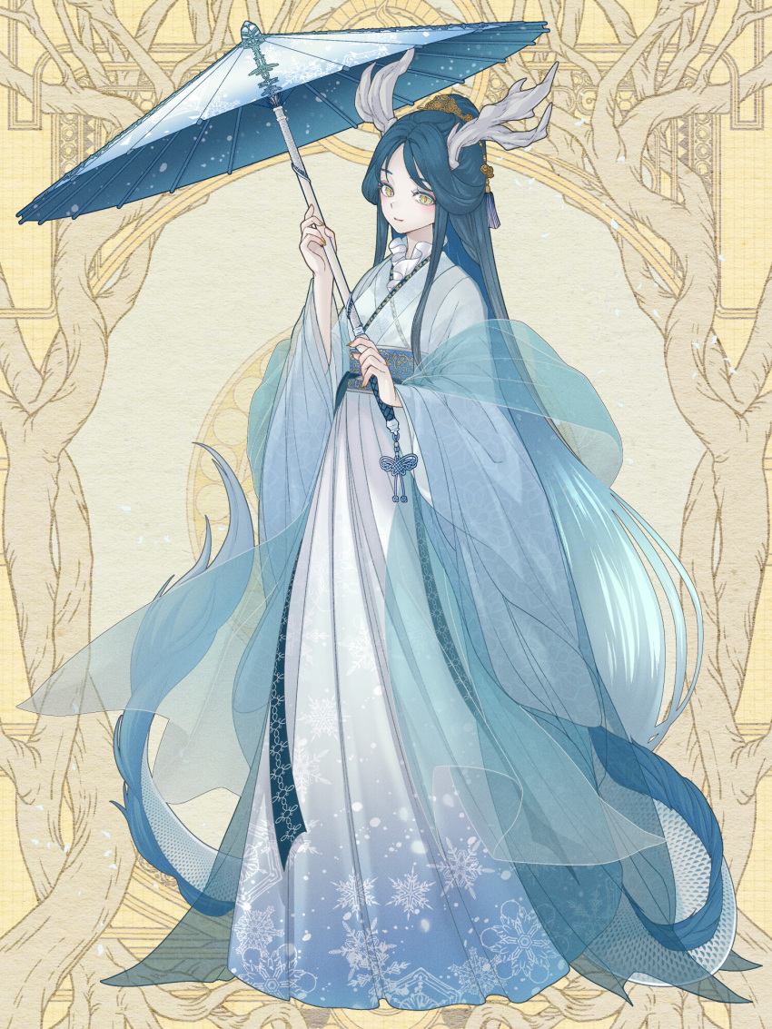 Safebooru - 1girl blue hair blue umbrella dairoku ryouhei dragon horns dragon tail full body ...