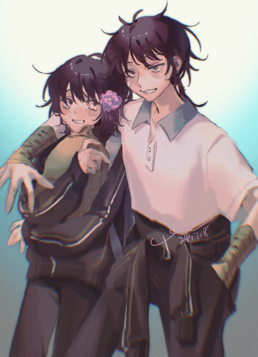 Safebooru - 2boys absurdres arm around shoulder bandage on face bandaged arm bandages black hair ...