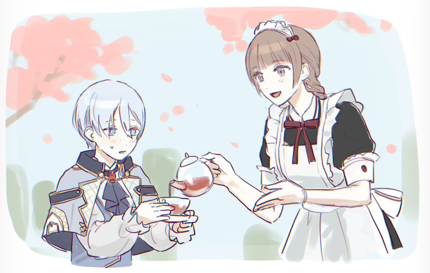 Safebooru - 2girls alternate hairstyle blue hair blunt bangs brown hair ddbbb bbd flower highres ...