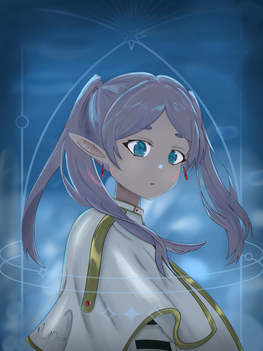 Safebooru - 1girl absurdres belt black belt blue background blue eyes capelet elf frieren ...