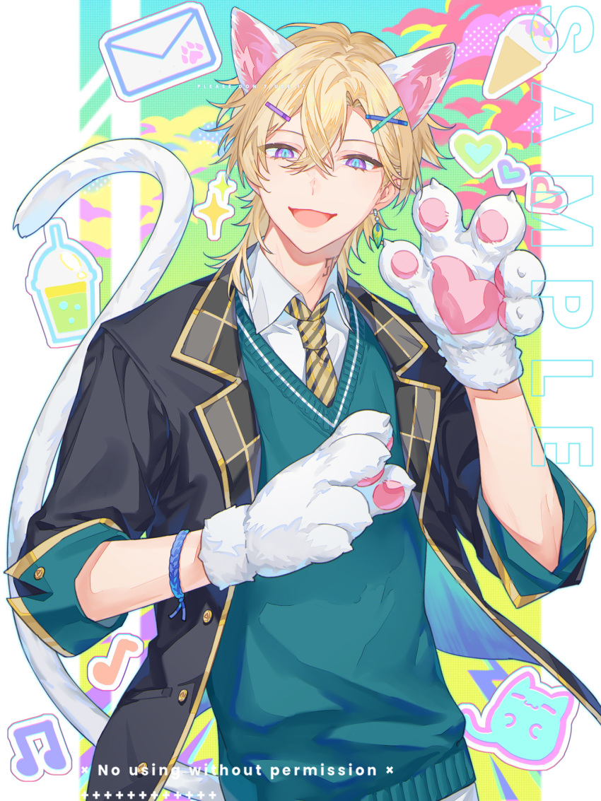 Safebooru - 1boy :d anchun (quail0503) animal ears animal hands aqua ...