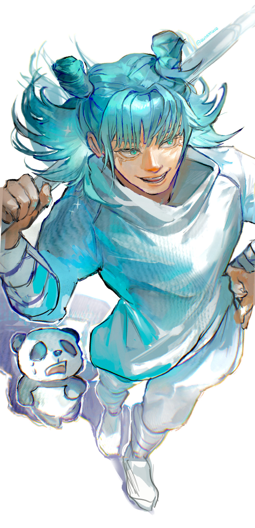 Safebooru - 1boy absurdres aqua eyes aqua hair double bun farmer hair ...