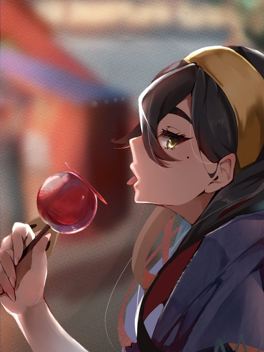 Safebooru - 1girl applin black hair blue shirt blurry blurry background ...