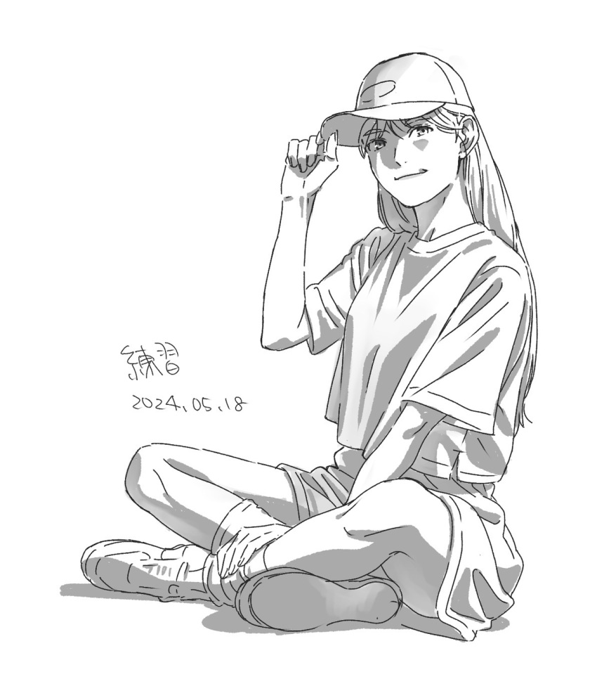 Safebooru - 1girl adjusting clothes adjusting headwear baseball cap crossed legs dated full body ...