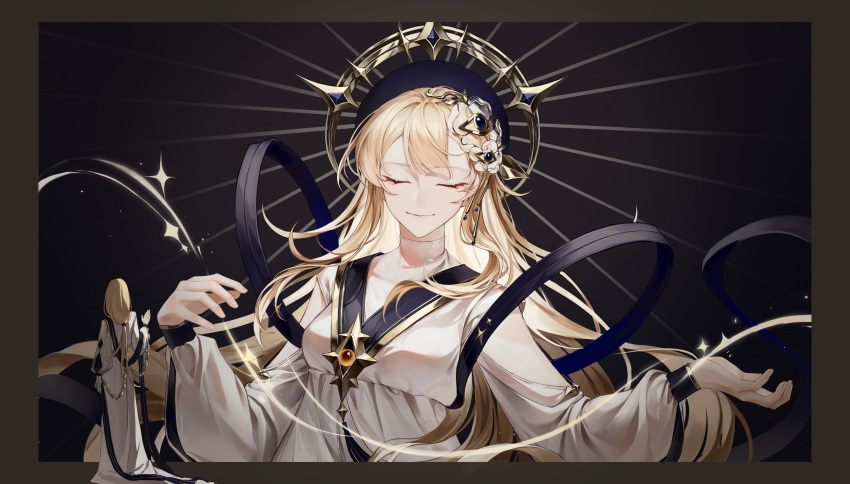 Safebooru - 1girl absurdres black background blonde hair border chinese commentary closed eyes ...
