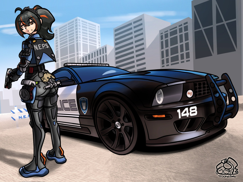 Safebooru - 1girl artist logo barricade (transformers) black pants blue ...