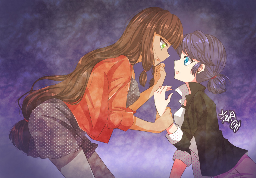Safebooru - 2girls black jacket blazer blue background blue eyes blue hair brown hair closed ...