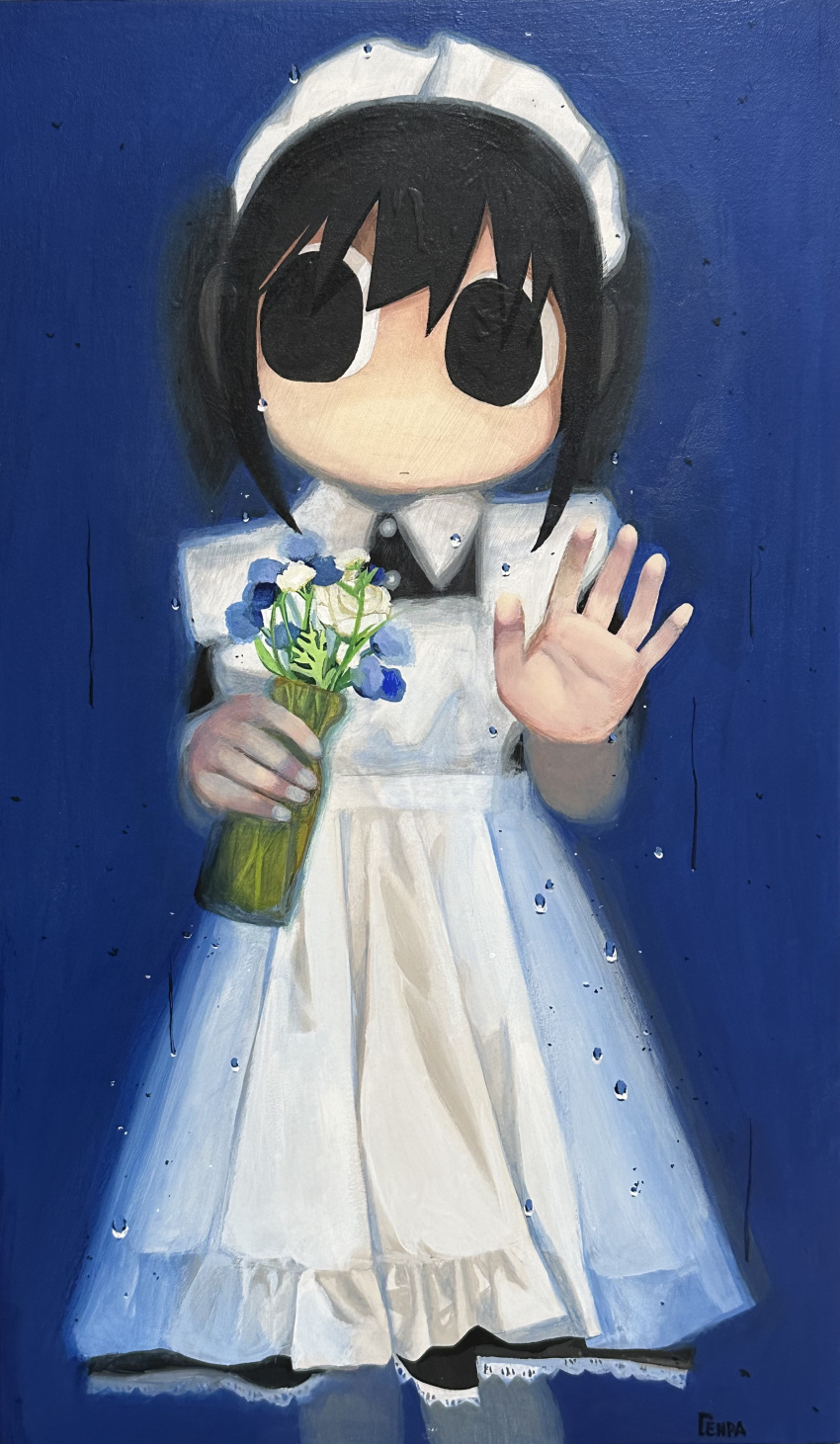 Safebooru - 1girl absurdres acrylic paint (medium) apron black dress black eyes black hair blue ...