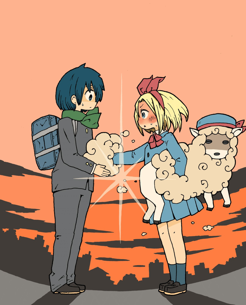 Safebooru - 1boy 1girl animal bag beret black footwear blonde hair blue eyes blue hair blue hat ...