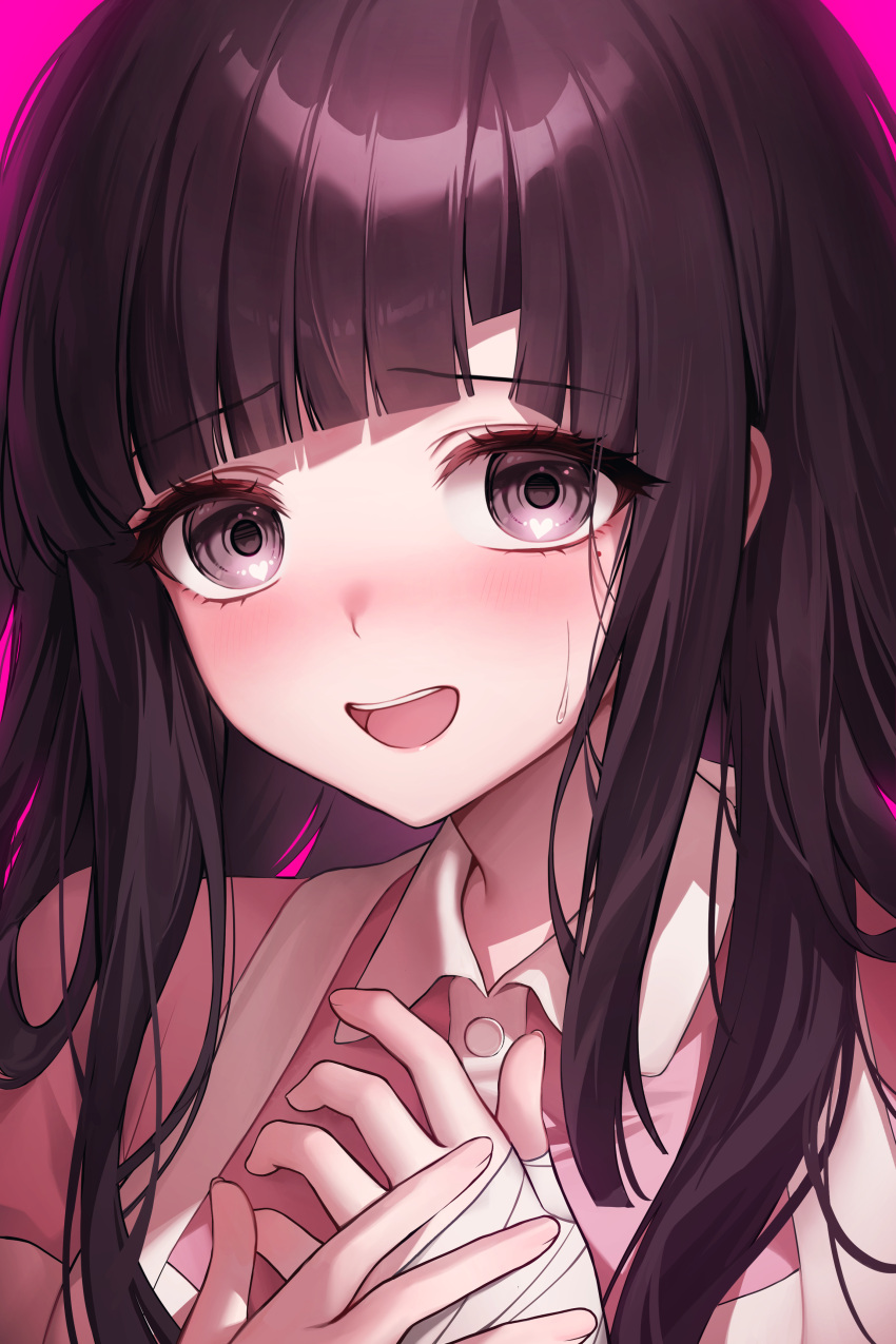 Safebooru - 1girl :d absurdres bandaged hand bandages blunt bangs brown ...