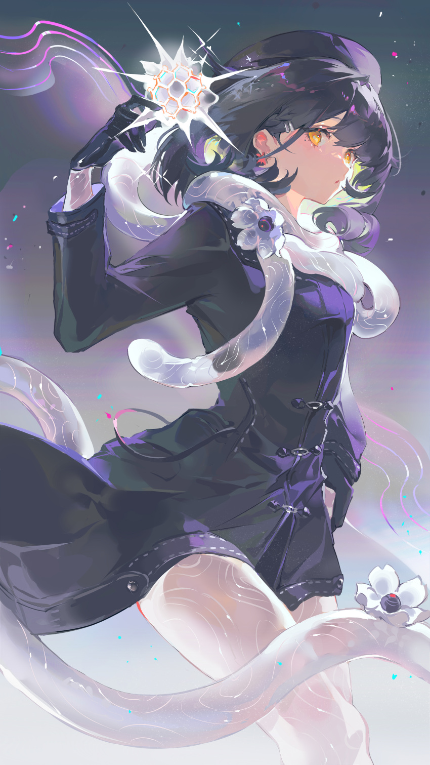 Safebooru - 1girl absurdres beret black background black dress black gloves black hair black hat ...