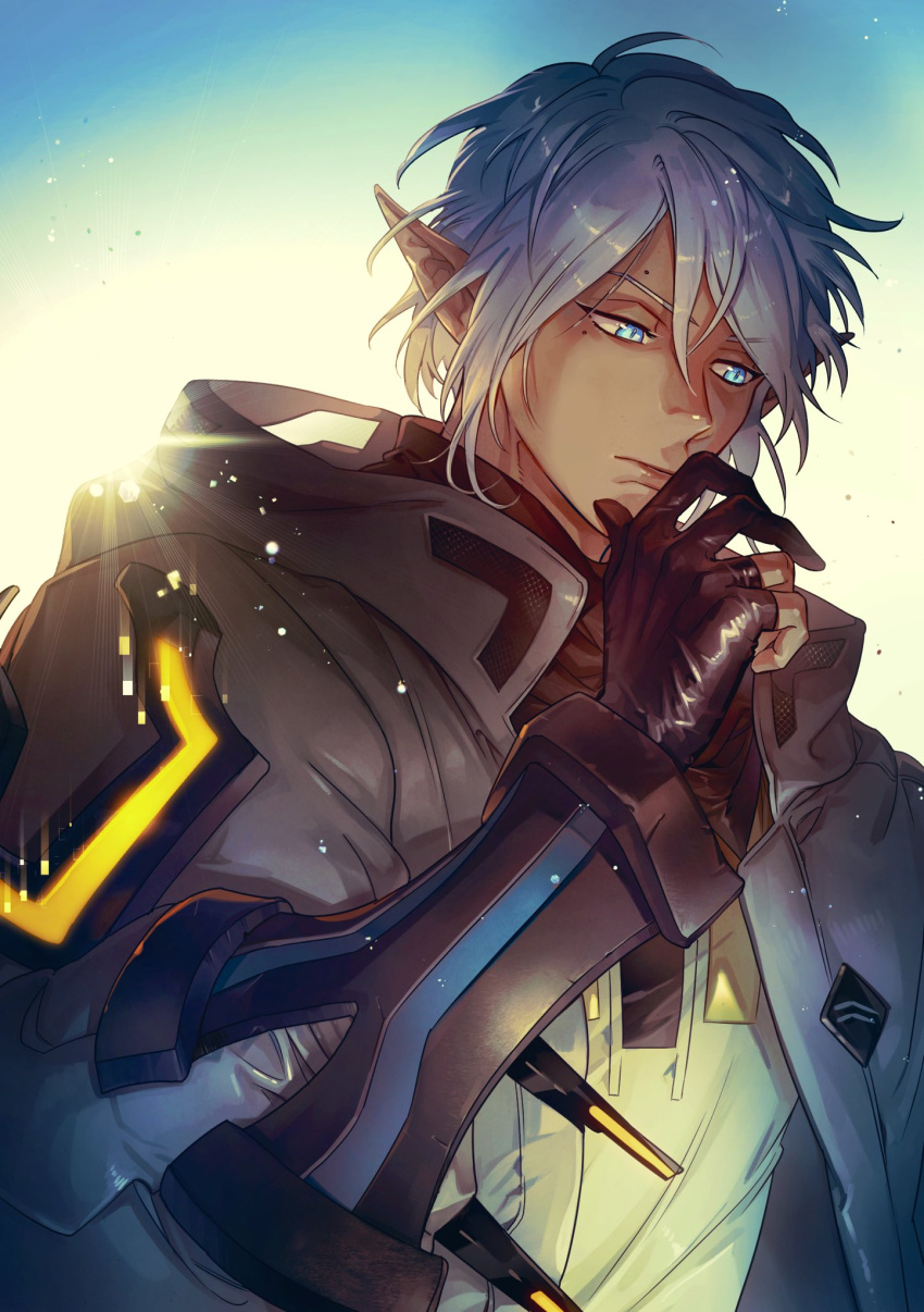 Safebooru - 1boy 5altybitter5 backlighting blue eyes closed mouth gloves grey hair grey jacket ...