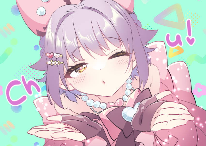 Safebooru - 1girl ;o black gloves blowing kiss blush bow commentary ...