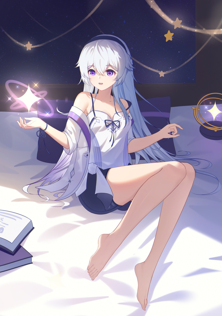 Safebooru - 1girl absurdres bare shoulders barefoot bed sheet ben sy black shorts book calabiyau ...