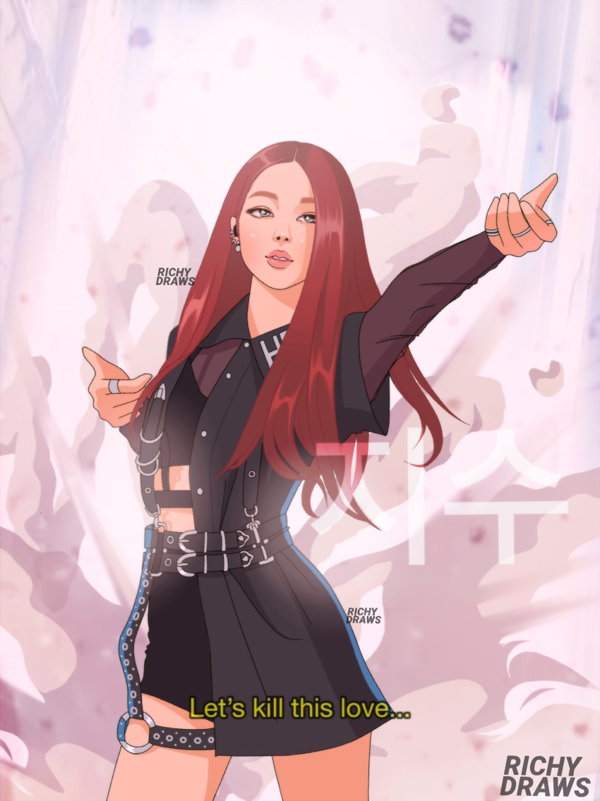 Safebooru - 1girl artist name belt black shorts blackpink commentary cowboy shot earrings ...