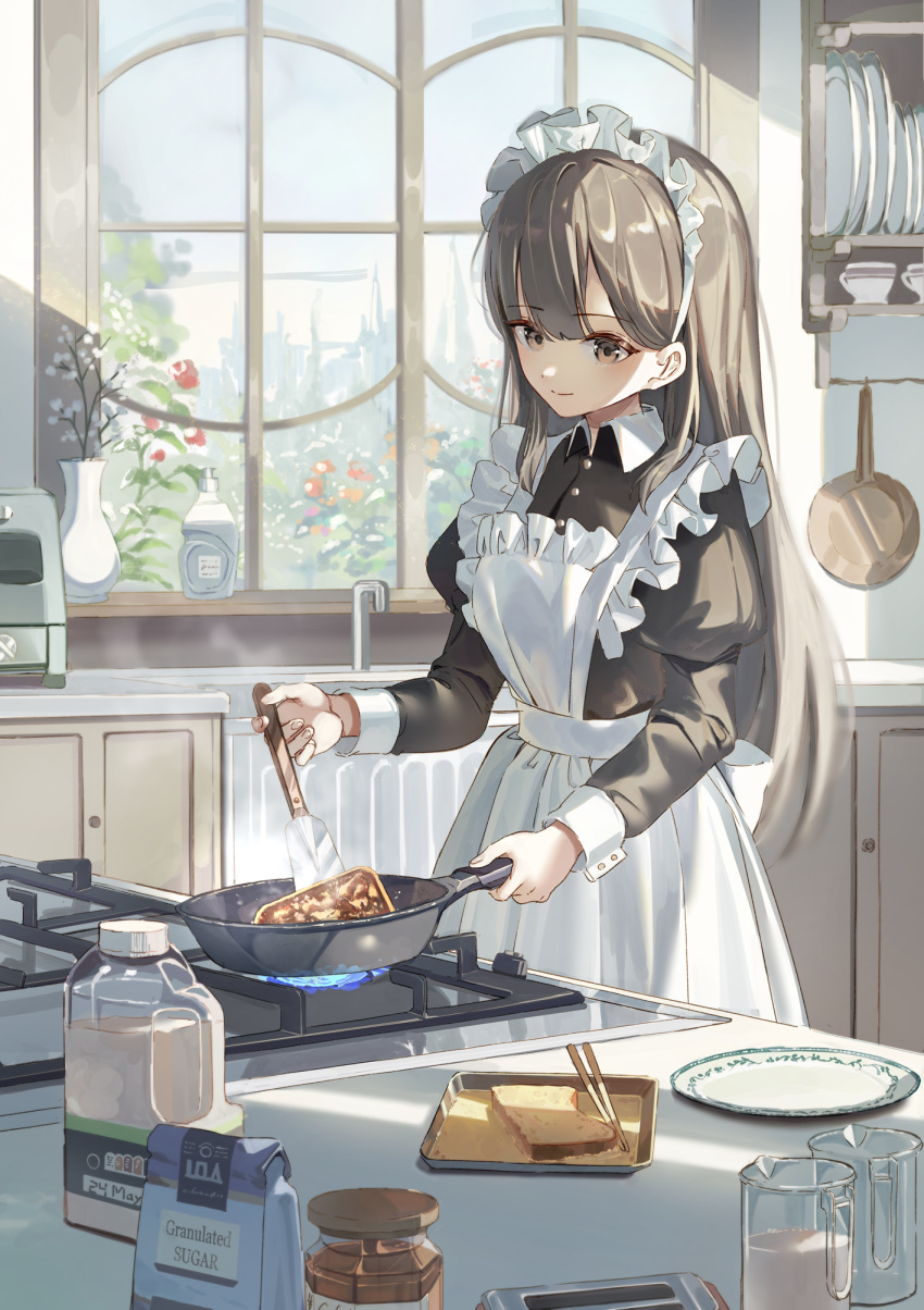 Safebooru - 1girl apron black hair cooking day french toast frying pan ...