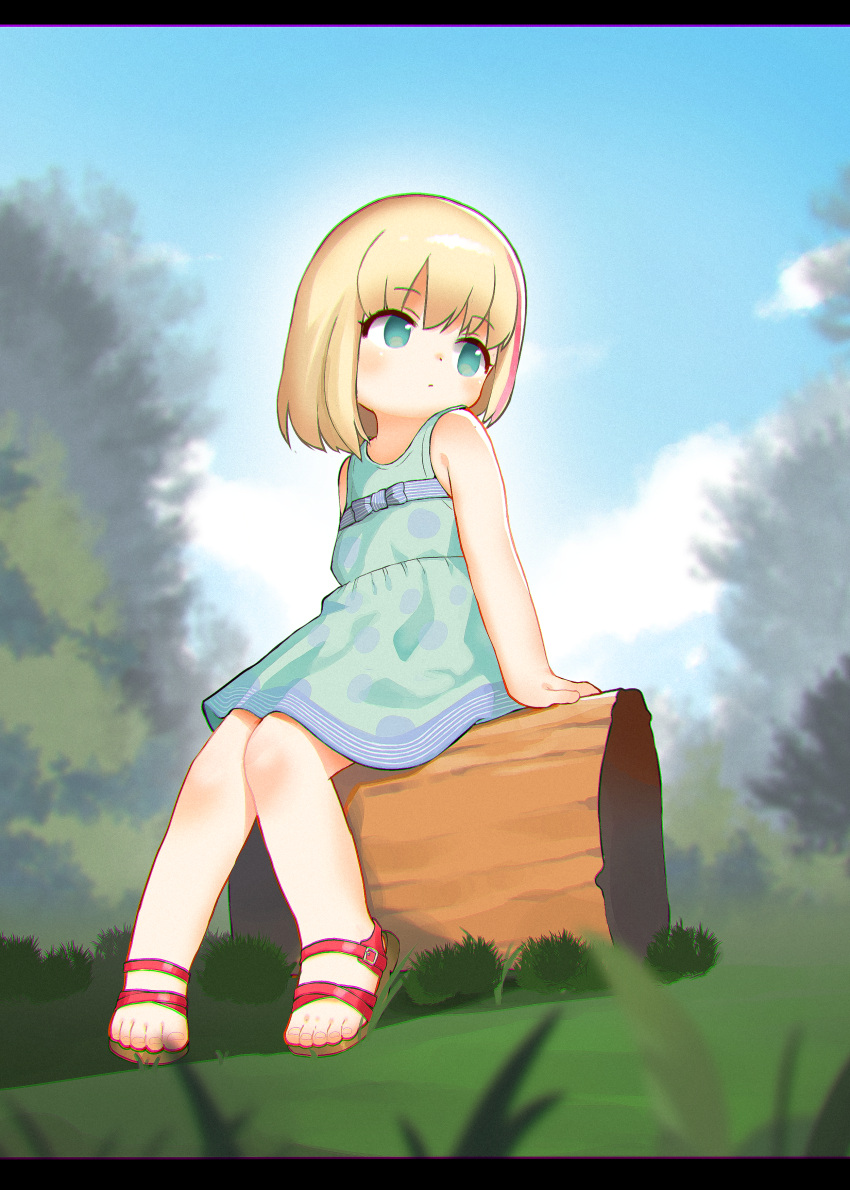 Safebooru - 1girl absurdres aqua dress aqua eyes blonde hair blurry blurry background commentary ...