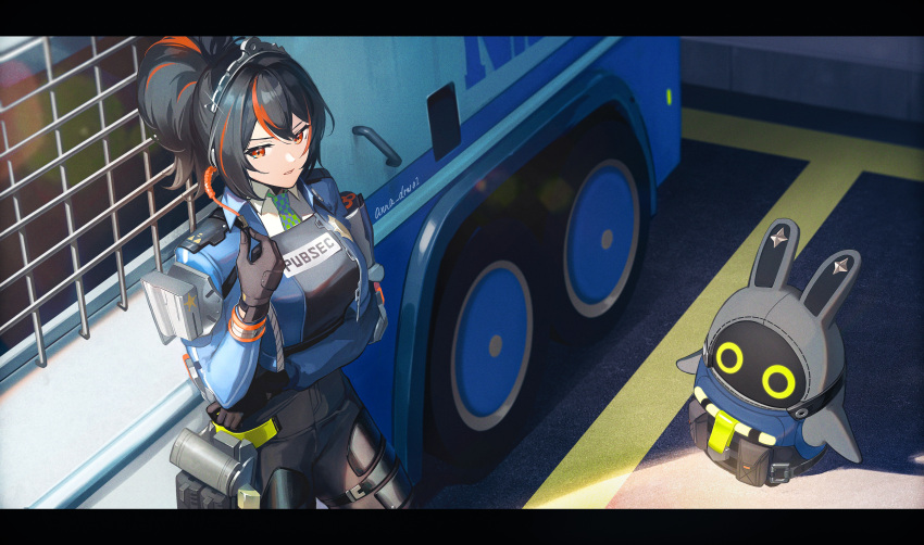 Safebooru - 1girl absurdres anna (drw01) black gloves black hair blue jacket breasts car ...