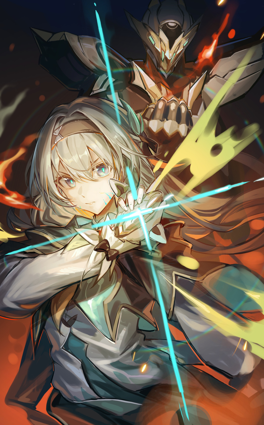 Safebooru - 1girl 1other 8873206812 absurdres armor black capelet black hairband blue eyes blue ...