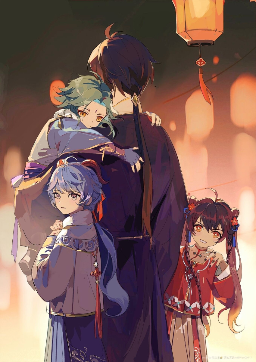 Safebooru - 2boys 2girls aged down ahoge alternate costume black hair blue hair brown hair ...
