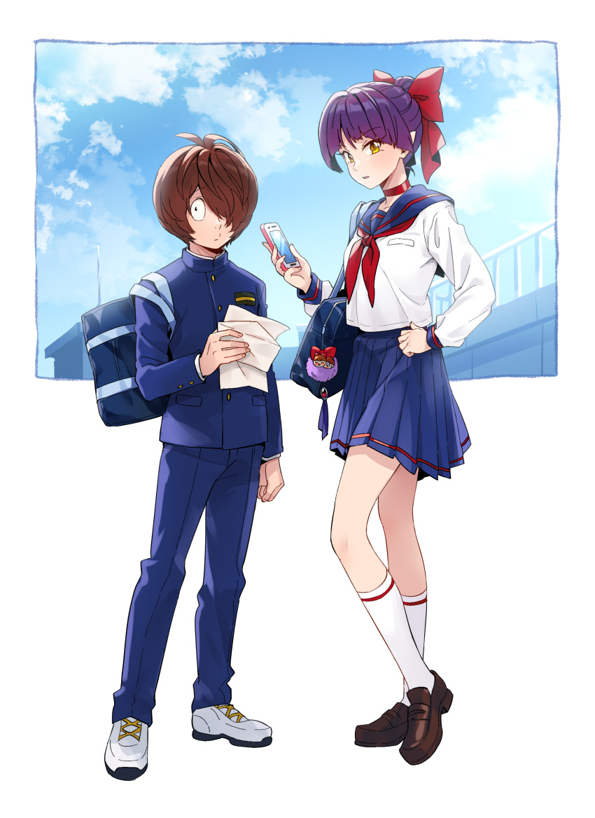 Safebooru - 1boy 1girl absurdres alternate costume backpack bag black eyes black footwear blue ...