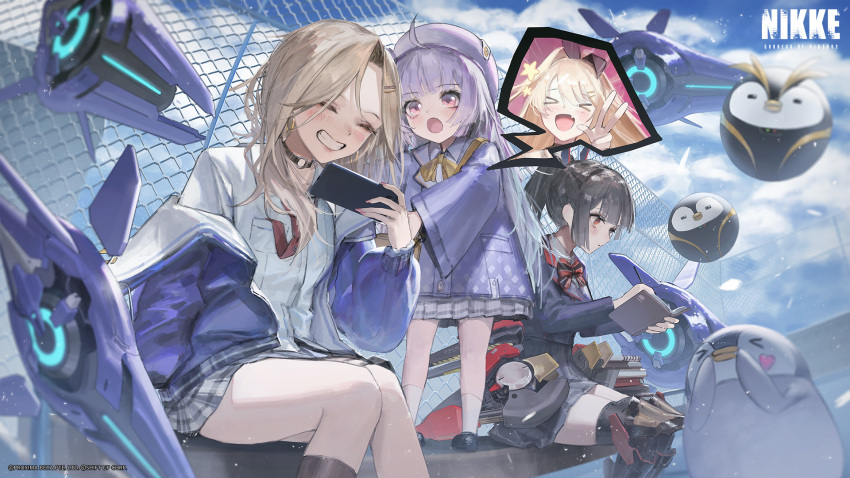Safebooru - 4girls bird blonde hair brown hair cellphone chain-link ...