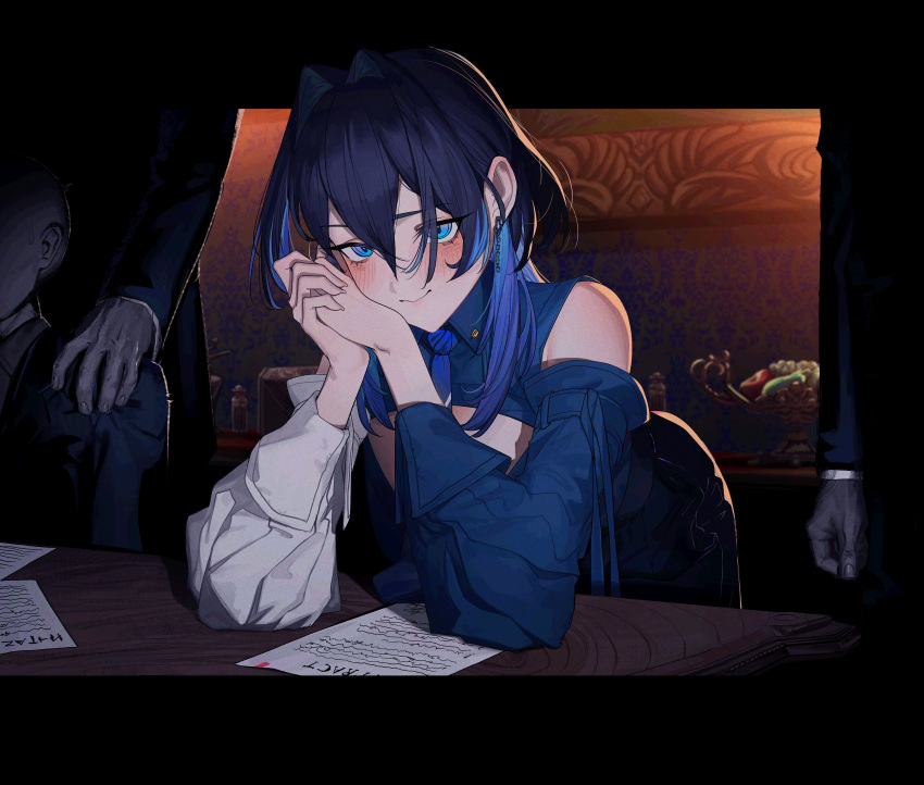 Safebooru - 1girl absurdres bare shoulders bent over black border blue eyes blue hair blue ...