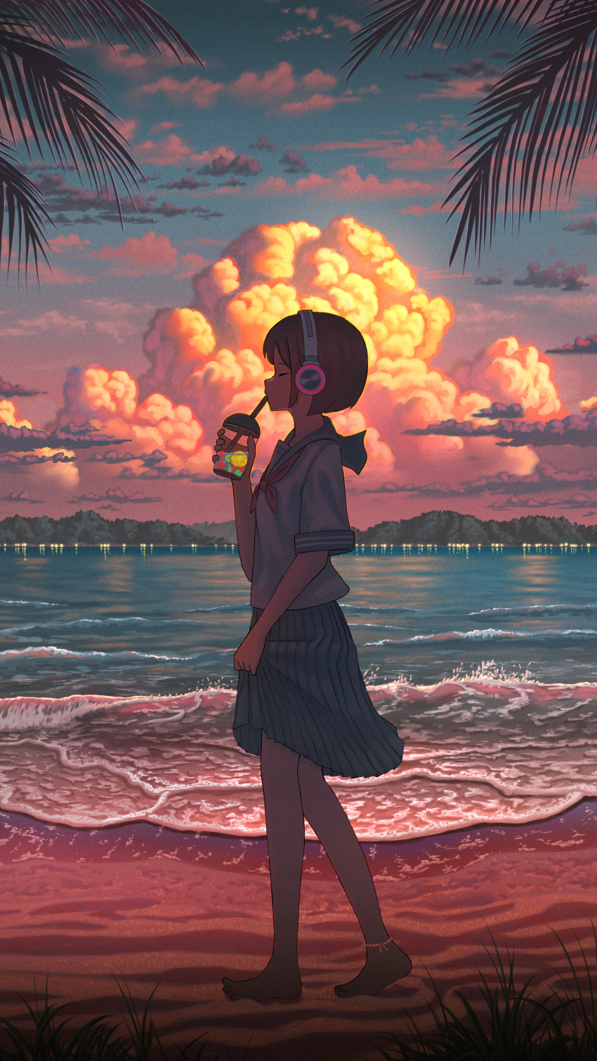 Safebooru - 1girl absurdres barefoot beach blue sailor collar blunt ends closed mouth clouds ...