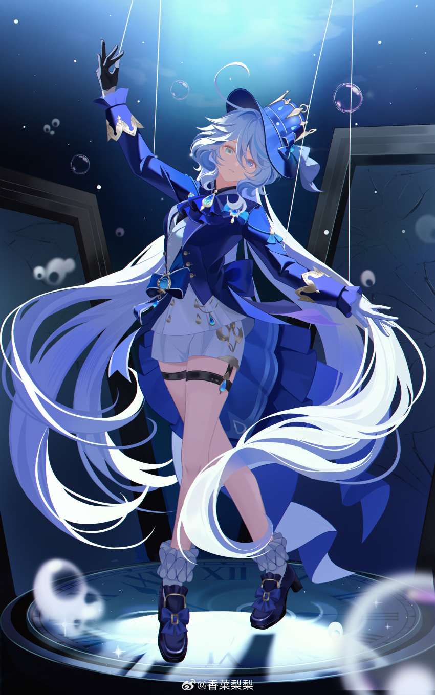 Safebooru - 1girl absurdres ahoge air bubble artist name asymmetrical gloves black footwear blue ...