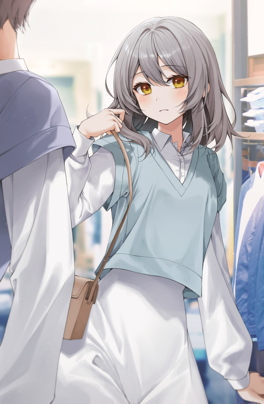 Safebooru - 1boy 1girl absurdres alternate costume bag blurry blurry background brown bag caelus ...