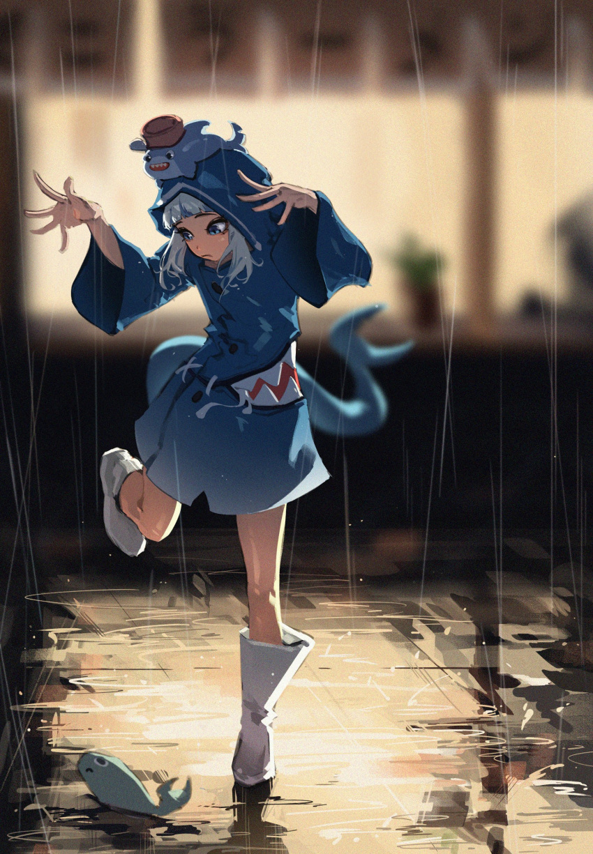 Safebooru - 1girl absurdres animal costume bloop (gawr gura) blue eyes blue hair blue hoodie ...