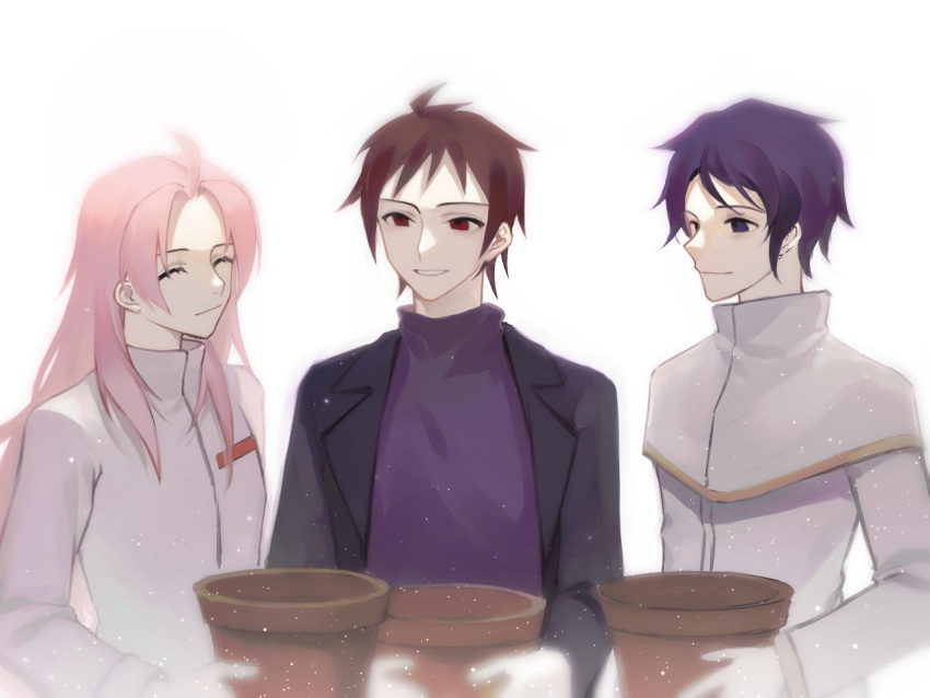 Safebooru - 3boys ahoge black jacket blue eyes brown hair capelet ...