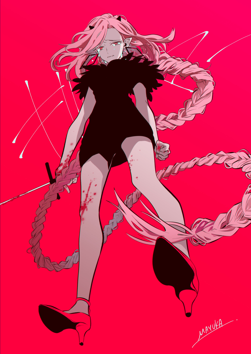 Safebooru - 1girl black dress blood blood on leg braid dress high heels highres horns kalmia ...