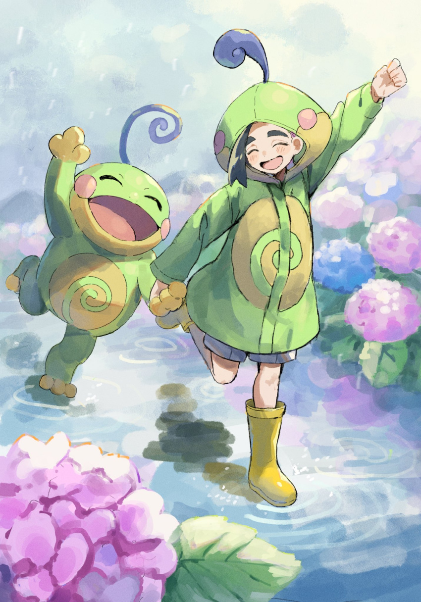 Safebooru - 1boy arm up black hair blue flower blush boots closed eyes ...