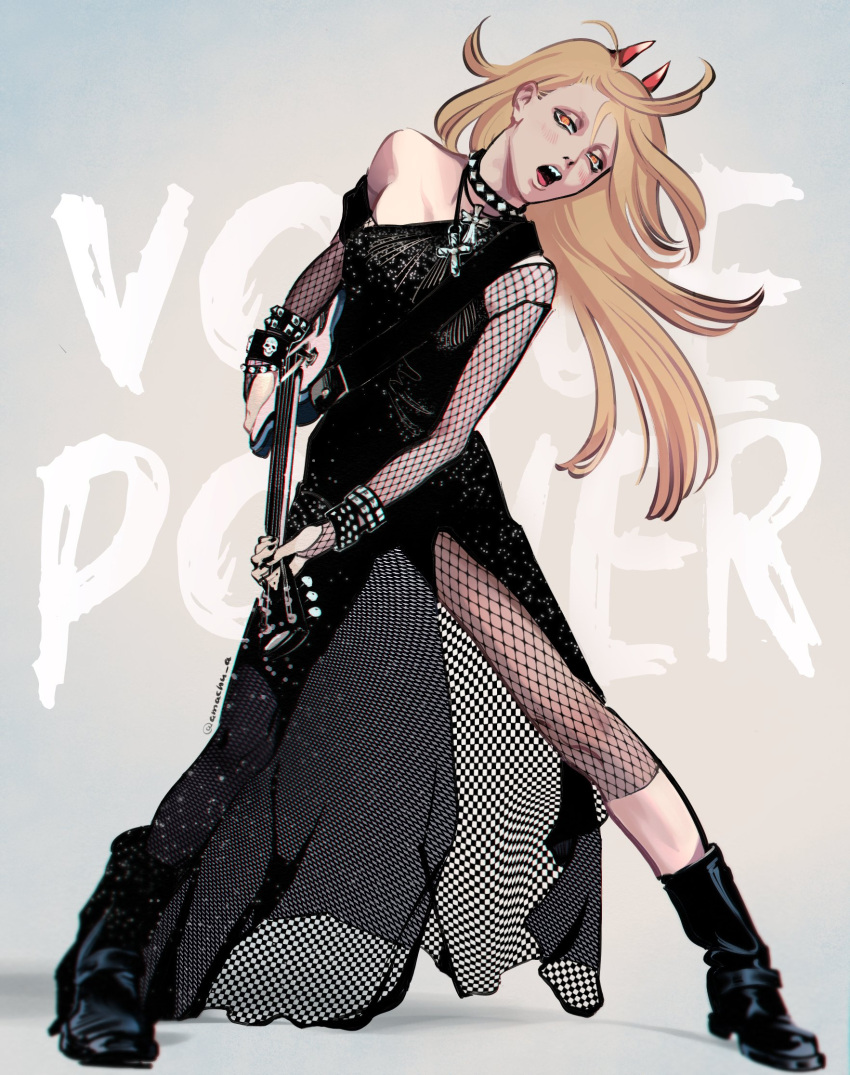 Safebooru - 1girl amachu a black collar black dress black footwear blonde hair boots chainsaw ...