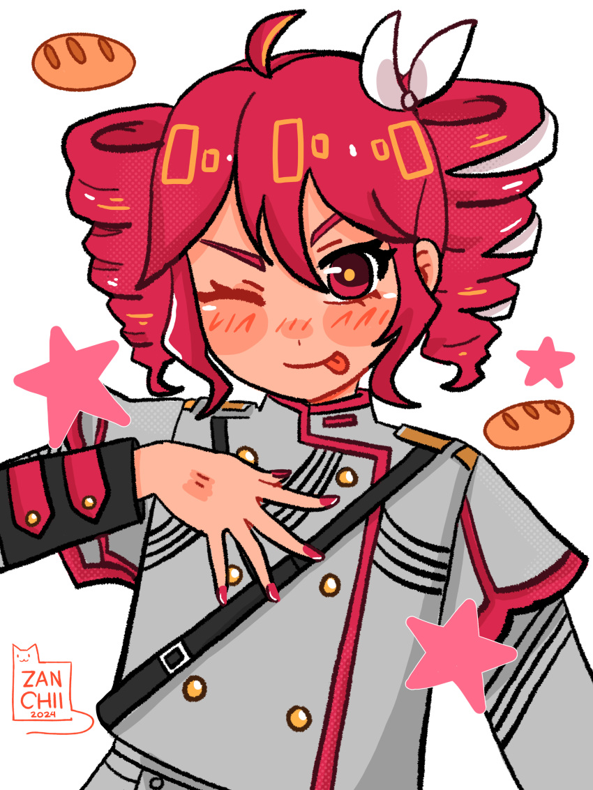 Safebooru - 1girl absurdres ahoge artist logo baguette bread buttons double-breasted drill hair ...