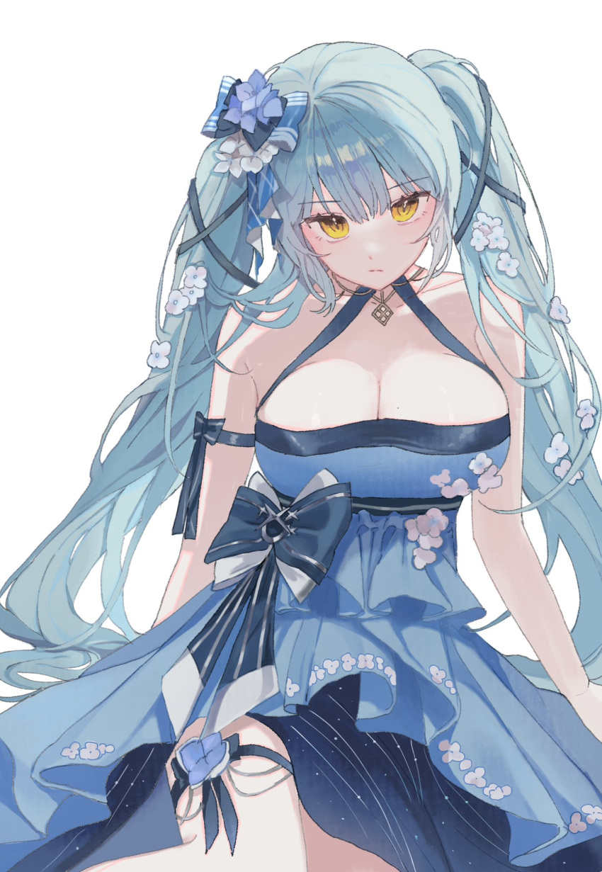 Safebooru - 1girl aqua hair blue dress cocktail dress dress empire waist flower goddess of ...
