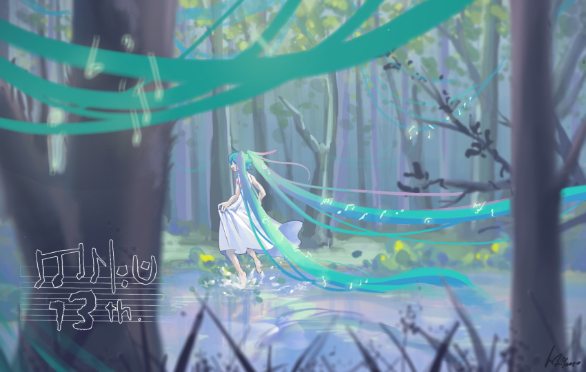 Safebooru - 1girl absurdly long hair barefoot blue hair day dress forest hatsune miku highres ...