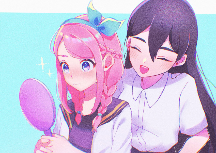 Safebooru - 2girls ^ ^ alternate hairstyle aqua background aqua hairband aubrey (faraway) (omori ...