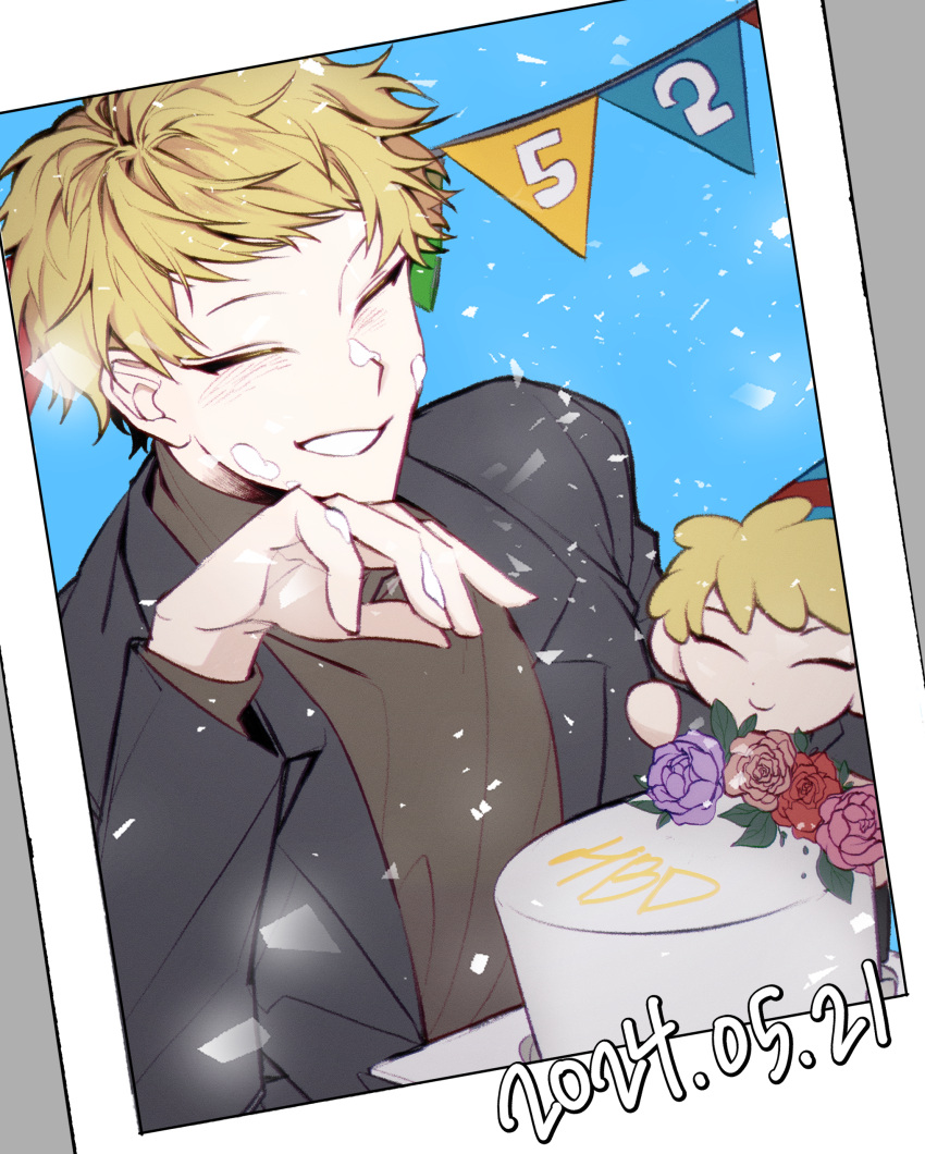 Safebooru - 1boy absurdres atou haruki birthday cake black jacket blonde hair brown sweater cake ...