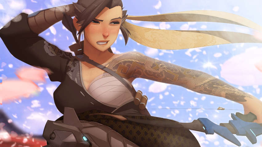 Safebooru - absurdres blush bow chest binder freckles genderswap grey hair hanzo (overwatch ...