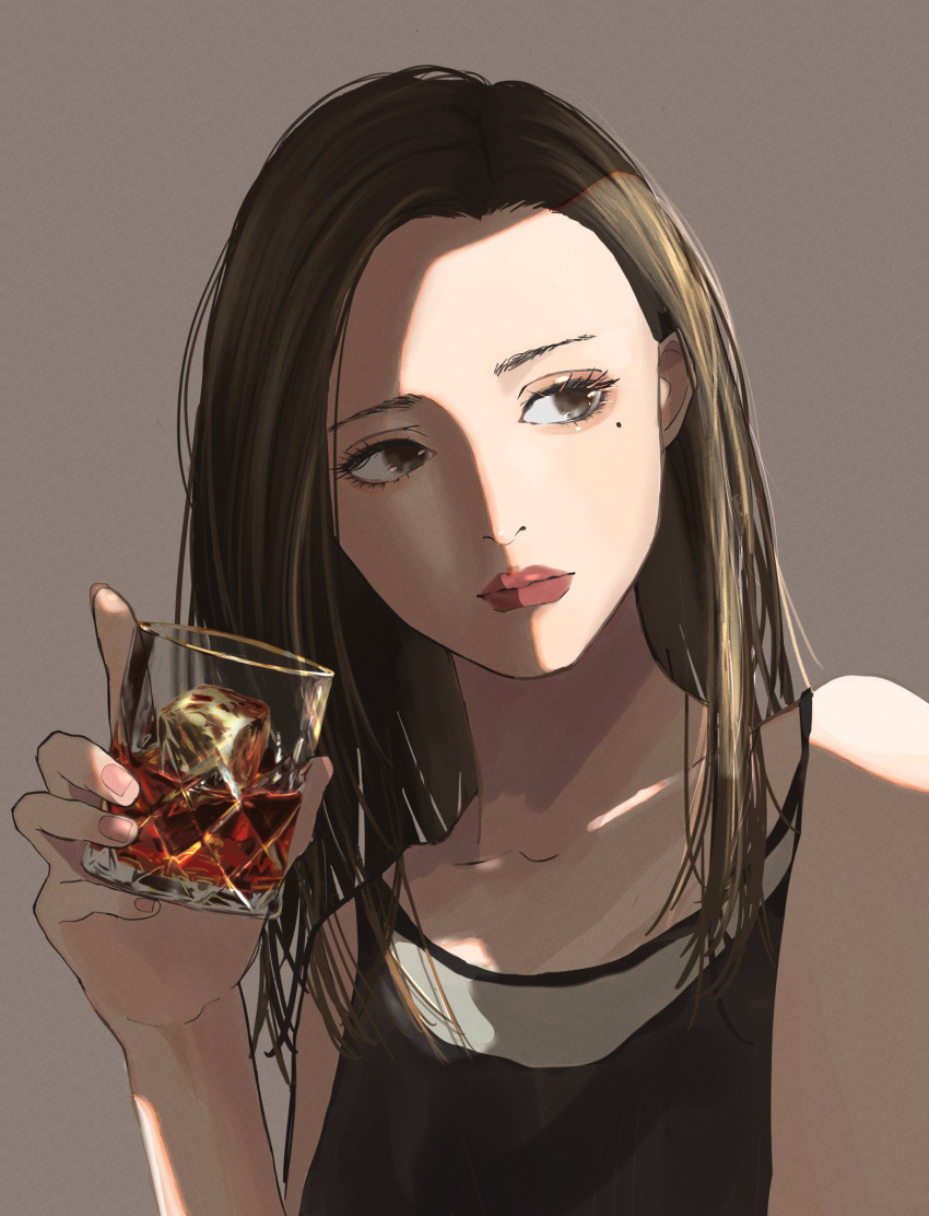 Safebooru - 1girl alcohol brown background brown eyes brown hair cup ...
