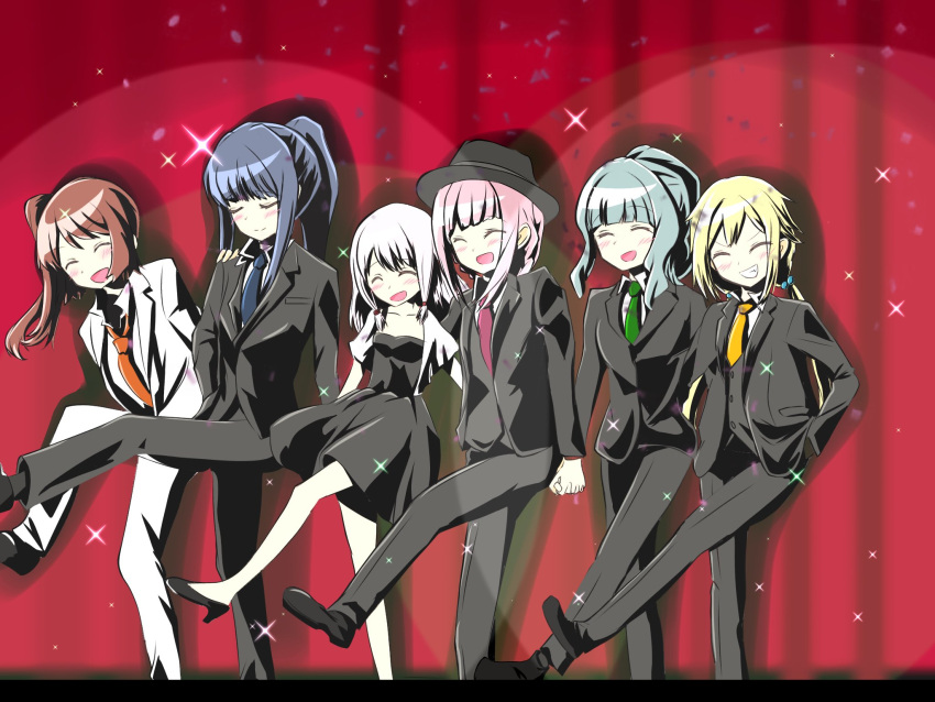 Safebooru - 6+girls ^ ^ alternate costume alternate hairstyle black dress black footwear black ...